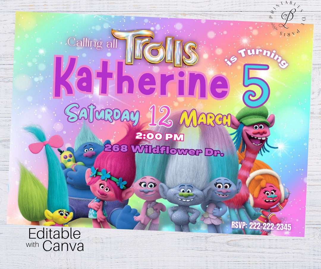 Trolls Birthday Invitation, Trolls Birthday Invite, Poppy Birthday ...