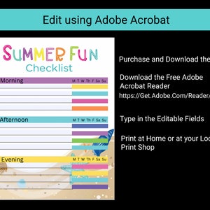 Printable Kids Checklist, Editable Summer Chore Chart, Printable Summer ...