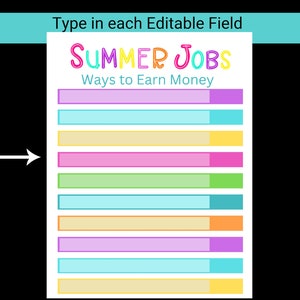 Printable Kids Summer Chore Chart, Editable Summer Job Earn Money Chart ...