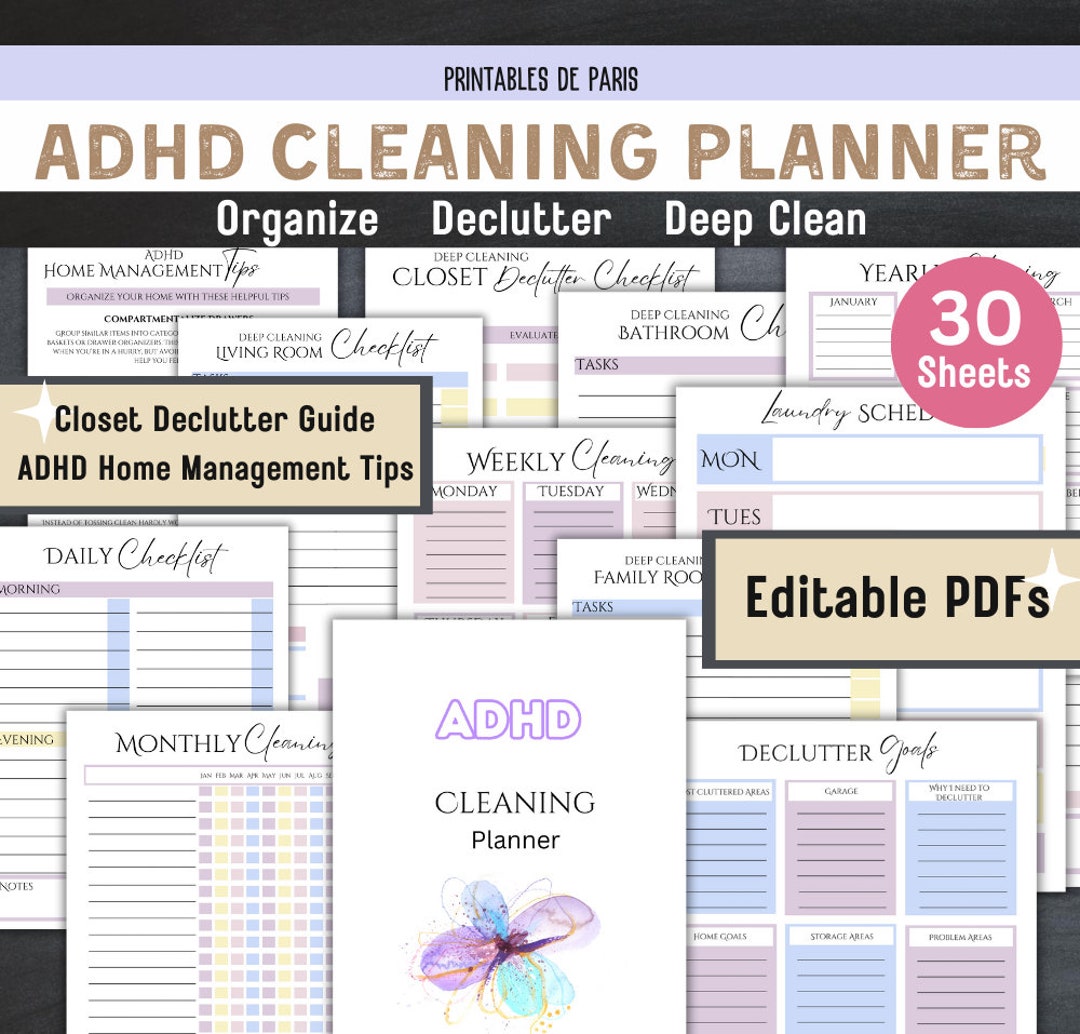 Editable ADHD Cleaning Planner, Printable Cleaning Schedule, Cleaning Checklist, Declutter ...