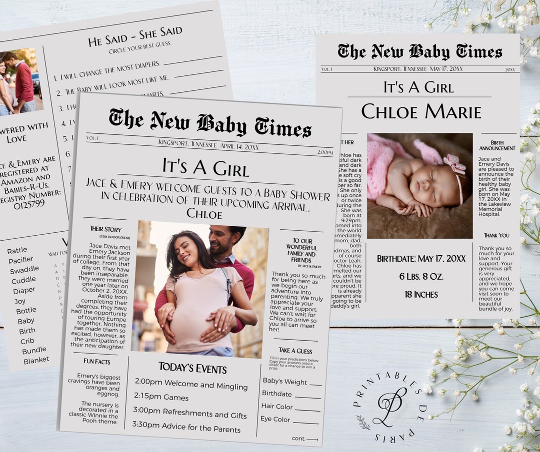 Baby Shower Newspaper Program Template, Baby Photo Announcement Card ...