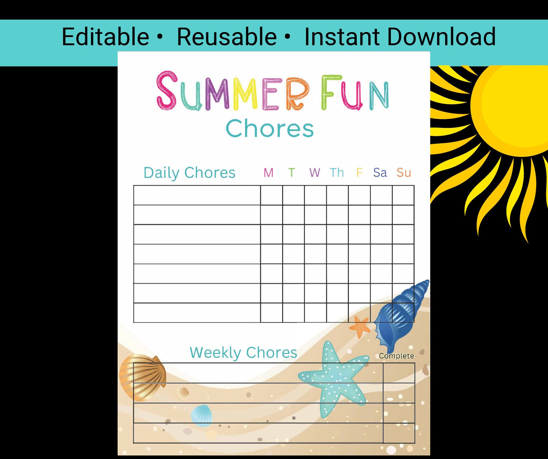 Editable Summer Chore Chart for Kids, Printable Summer Kids Daily and ...