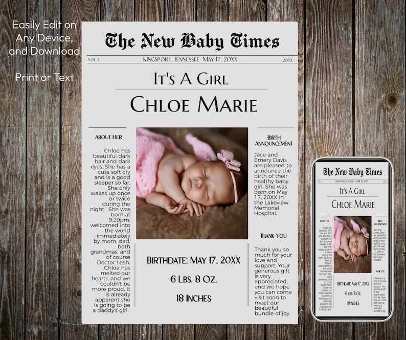 Baby Newspaper Announcement Baby Photo Template Baby Photo - Etsy