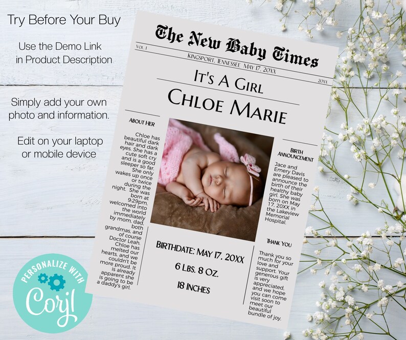 Baby Newspaper Announcement Baby Photo Template Baby Photo - Etsy