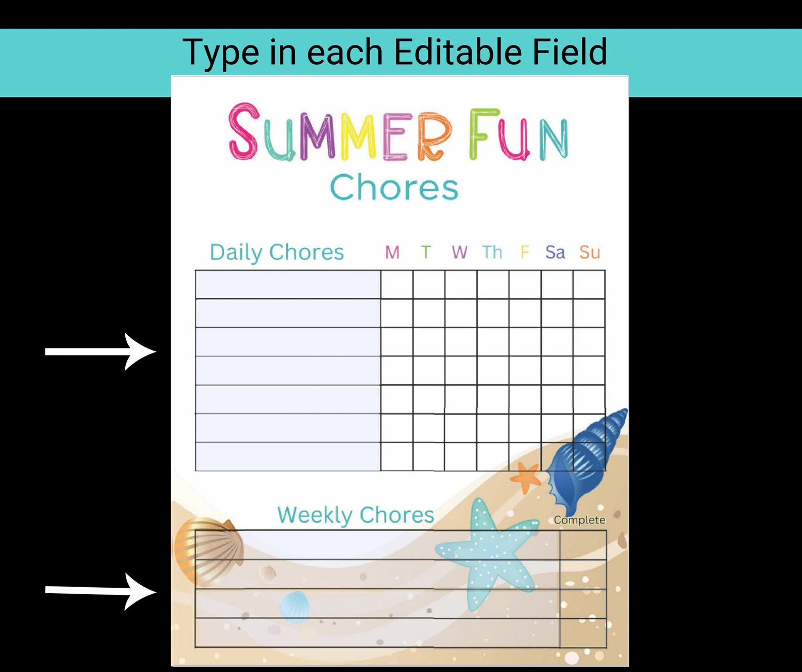 Editable Summer Chore Chart for Kids, Printable Summer Kids Daily and ...