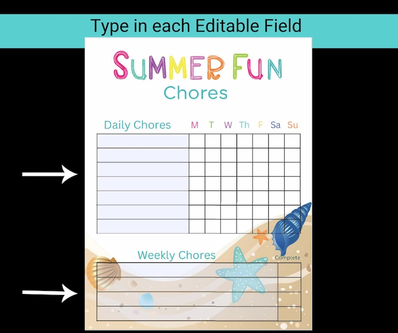 Editable Summer Chore Chart for Kids, Printable Summer Kids Daily and ...