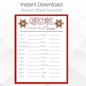 Christmas Finish the Phrase Game, Christmas Finish the Lyric Printable ...