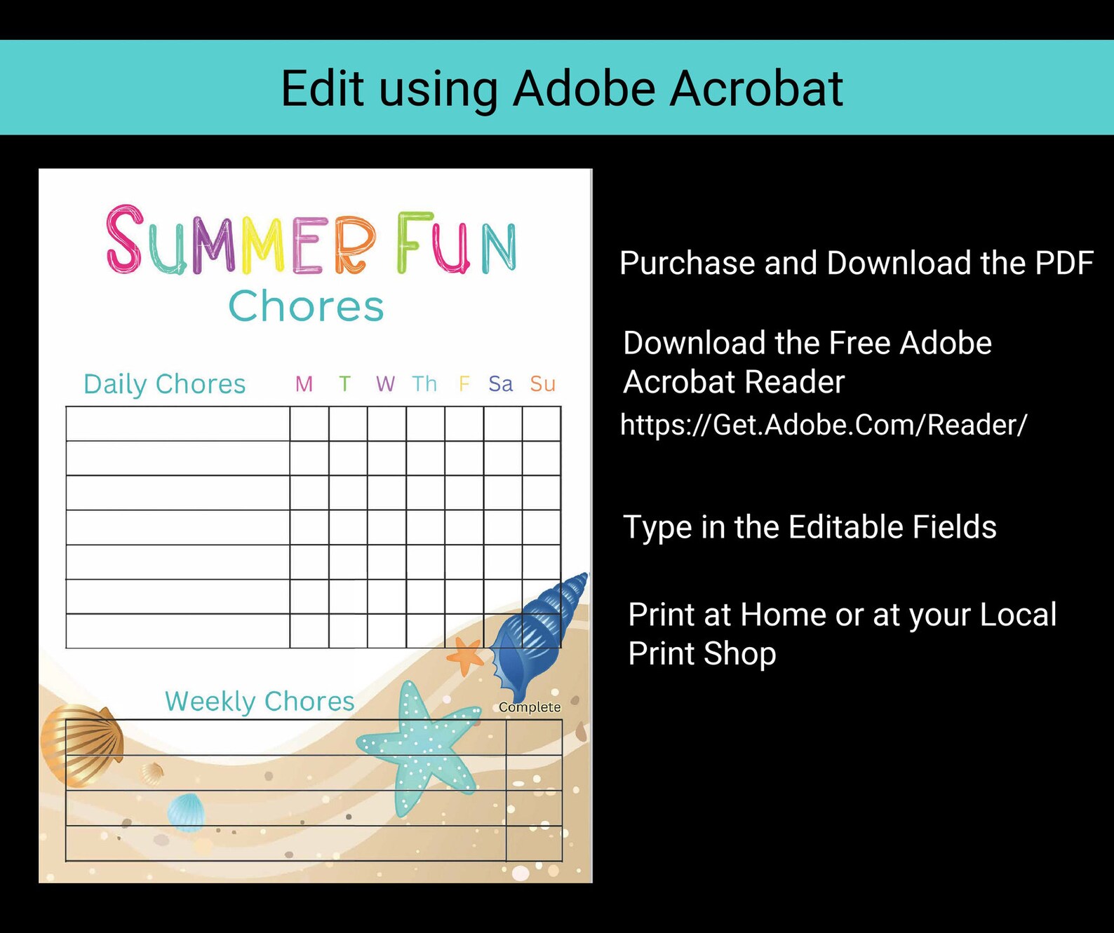 Editable Summer Chore Chart for Kids, Printable Summer Kids Daily and ...