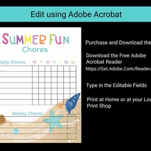 Editable Summer Chore Chart for Kids, Printable Summer Kids Daily and ...