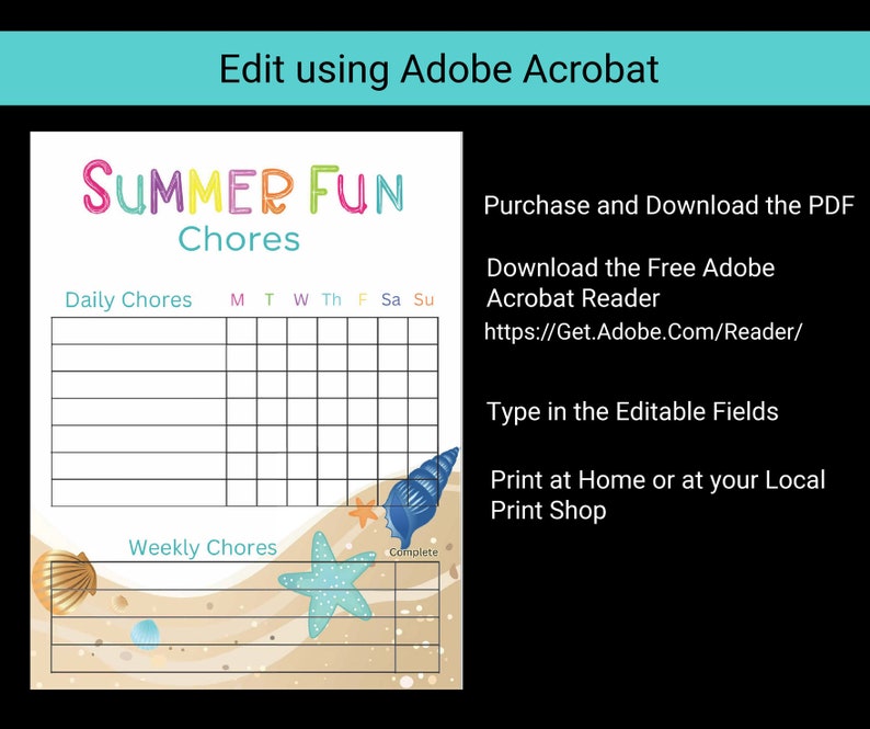Editable Summer Chore Chart for Kids, Printable Summer Kids Daily and ...