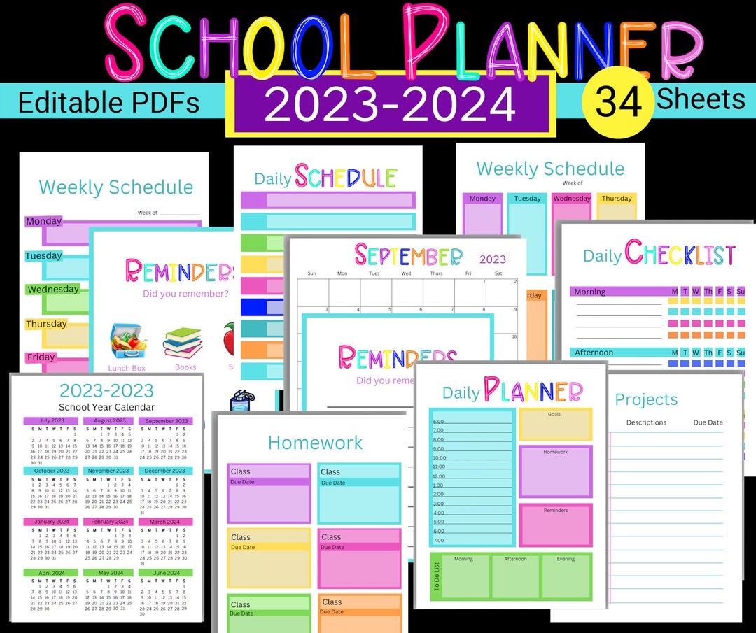 Editable School Planner 2023-2024, Printable School Planner for Kids ...
