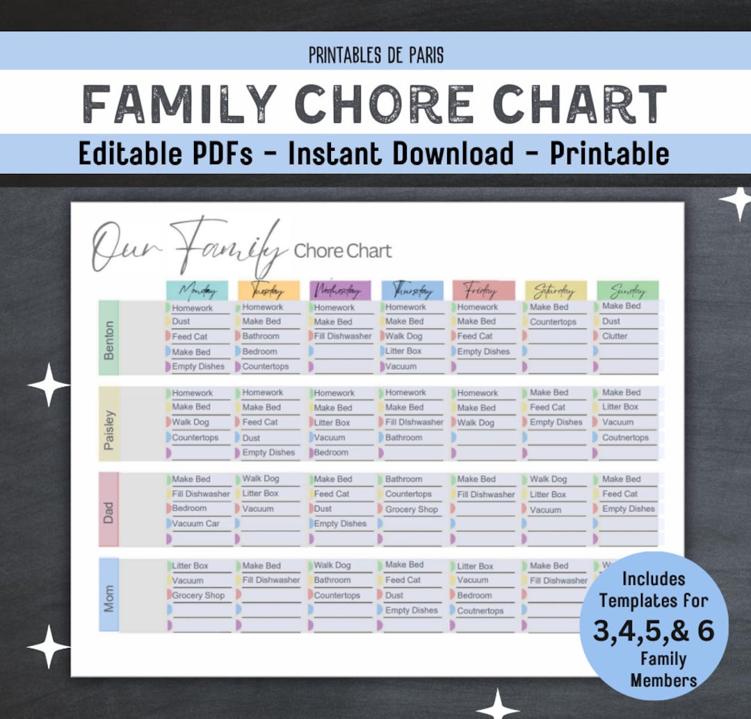 Editable Family Chore Chart, Printable Weekly Chore Chart, Family ...