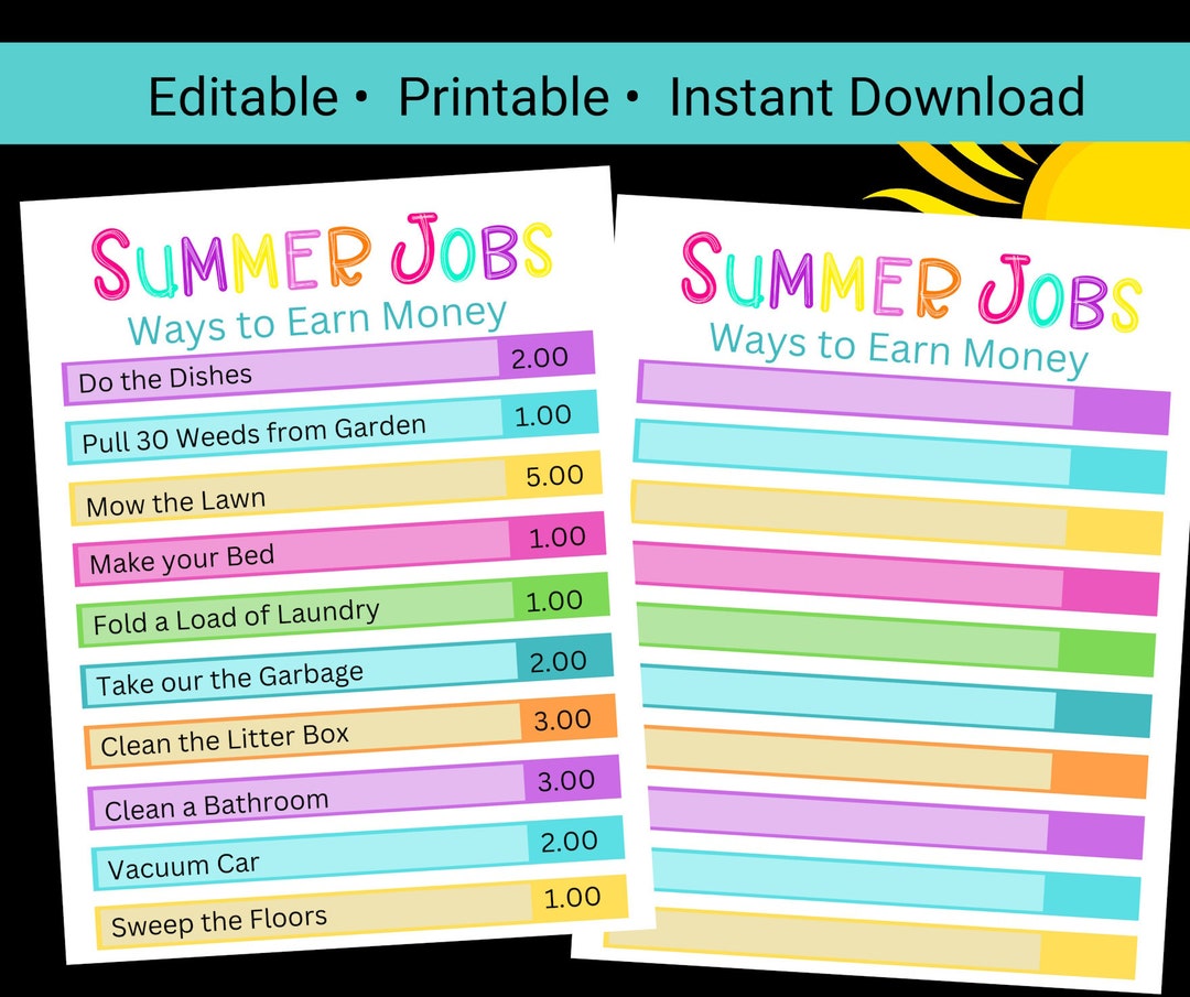 Printable Kids Summer Chore Chart, Editable Summer Job Earn Money Chart ...