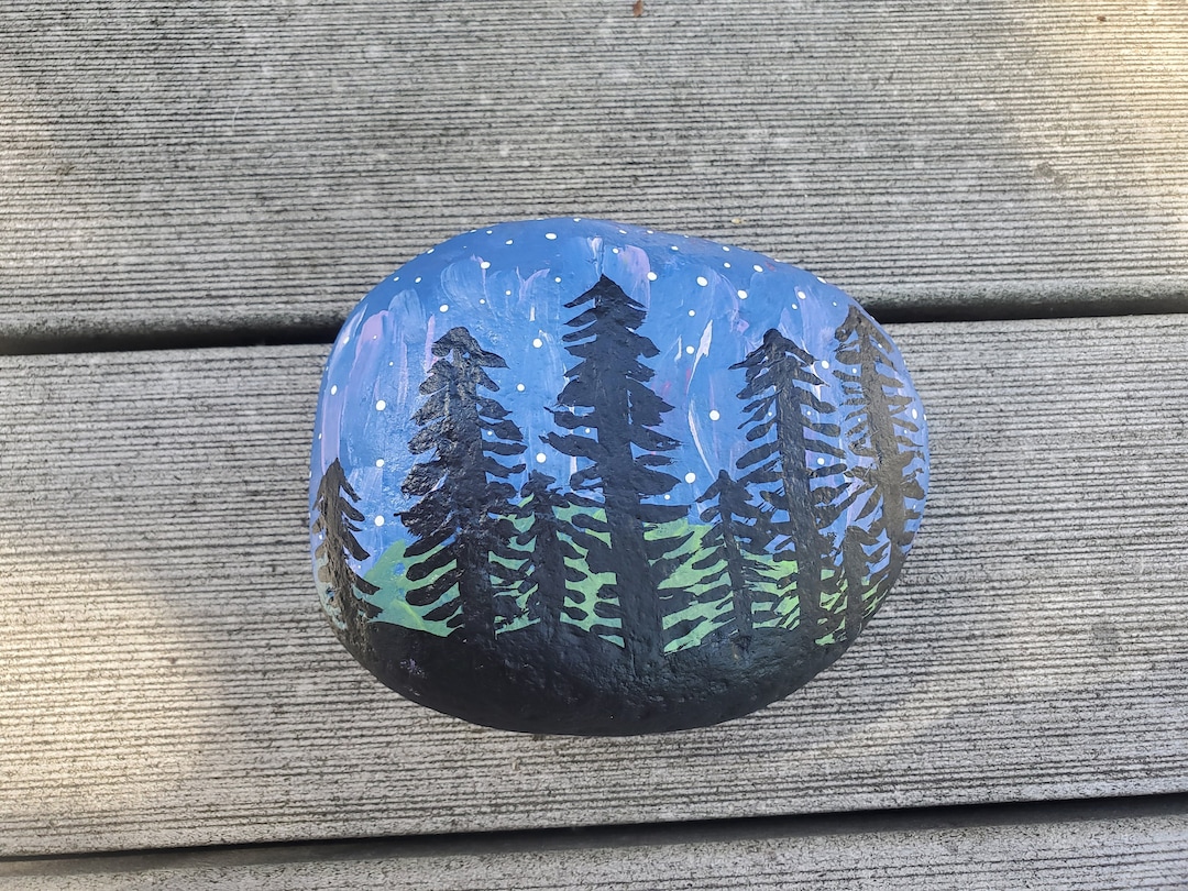 Forest With Northern Lights Painted Rock - Etsy