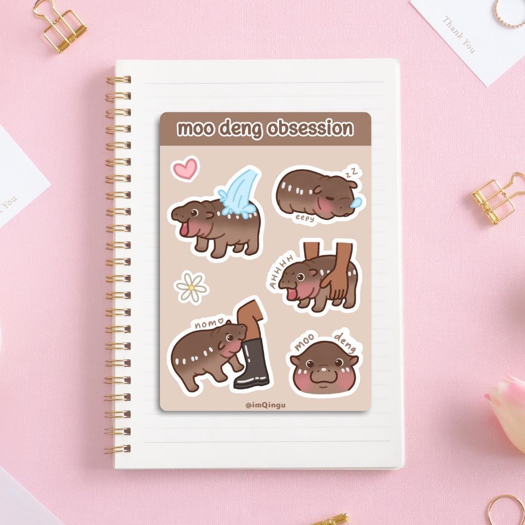 Cute Moo Deng Hippo Sticker Sheet Vinyl Stickers Water Bottle Laptop ...