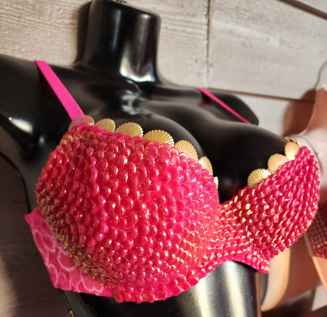 32 D Cup Pink and Gold Silicone Mermaid Bra Mermaid Top Siren Bra Fish ...