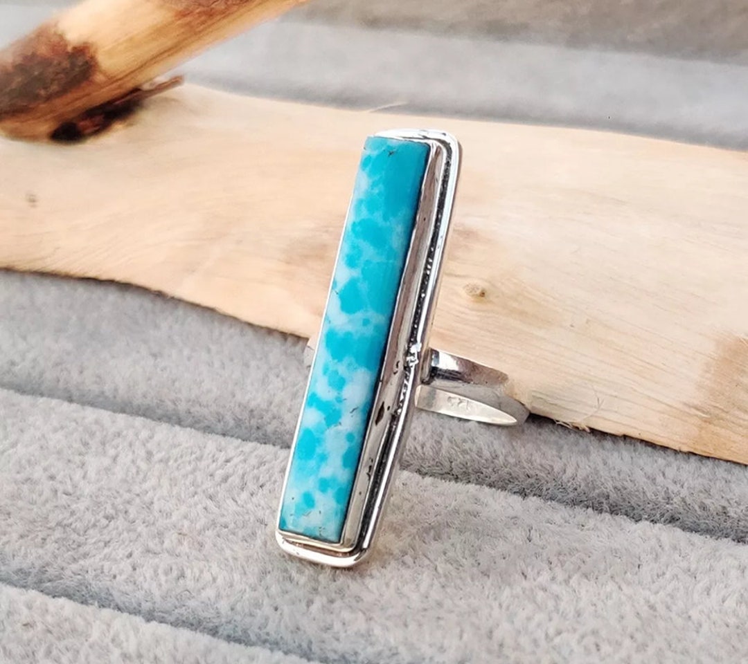 Natural Long Sick Baguette Larimar Ring, Solid Sterling 925 Silver Ring ...