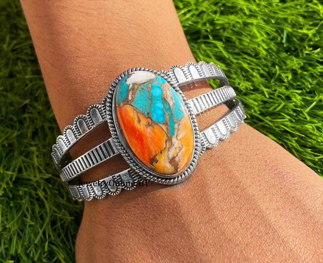 Spiny Oyster Copper Turquoise Bangle, 925 Silver Bangle, Natural Turquoise, Genuine Turquoise ...