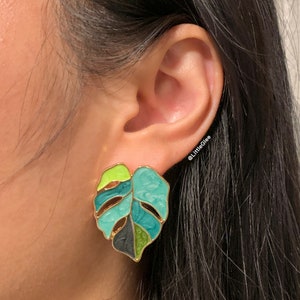 Monstera Earrings | Monstera Albo Earrings | Enamel Leaf Drop Pendant ...
