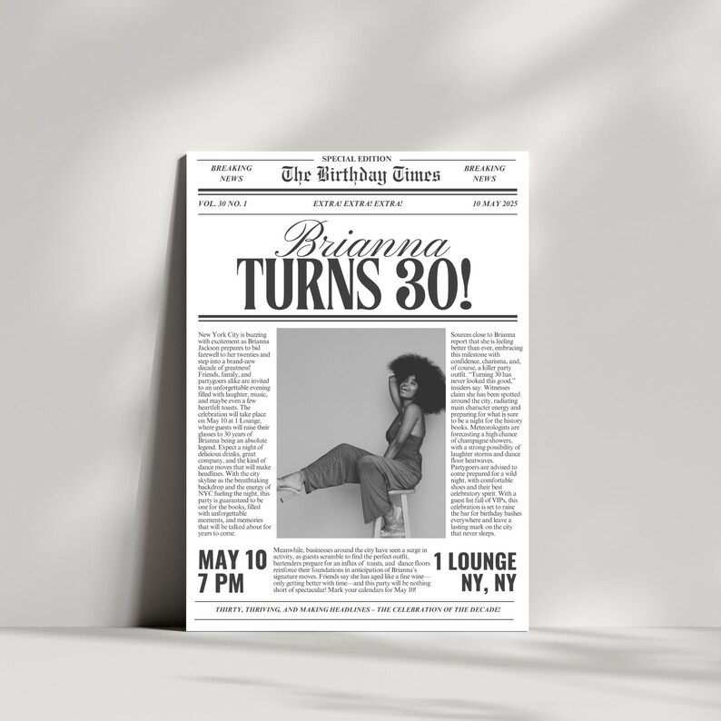 Editable Birthday Newspaper Invitation Template | 30th, 21st, 25th ...