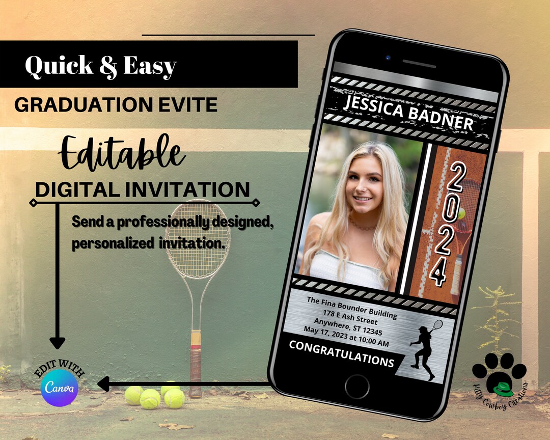 Editable Custom Tennis Graduation Invitation Template, Phone Text Evite ...