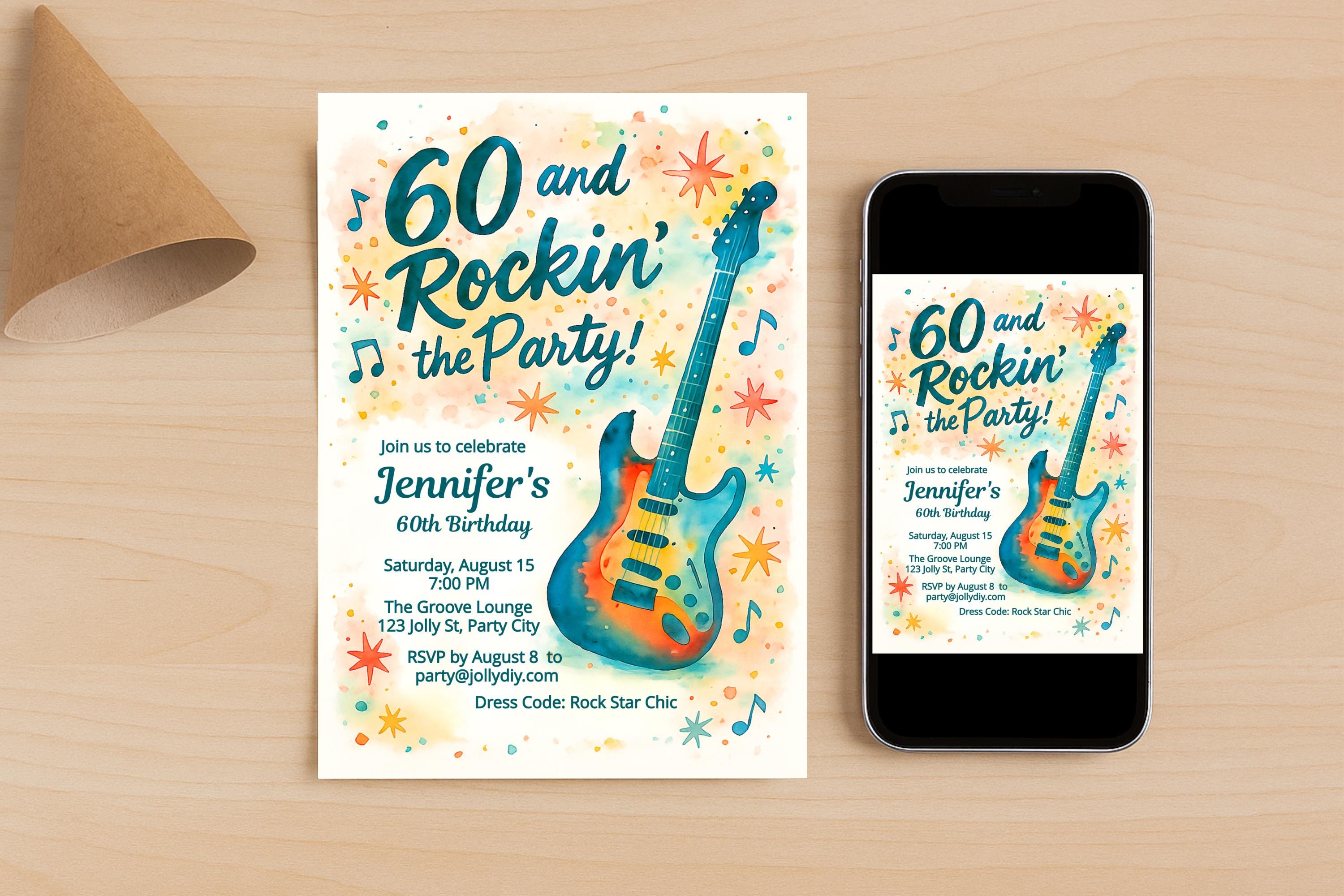 60th Birthday Invitation for Women Rock Music Theme – Editable Party ...