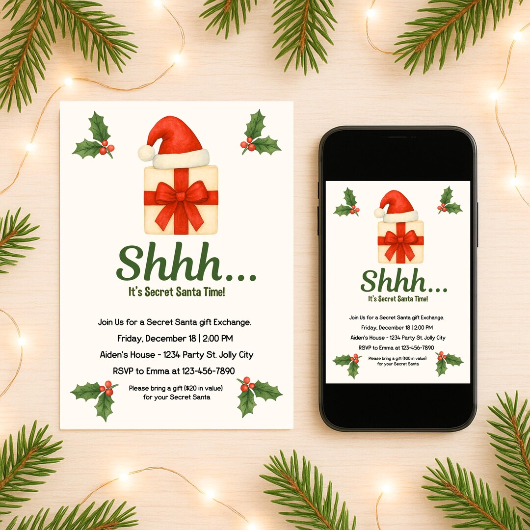 Secret Santa Invitation Template | Christmas Gift Exchange Party Invite ...