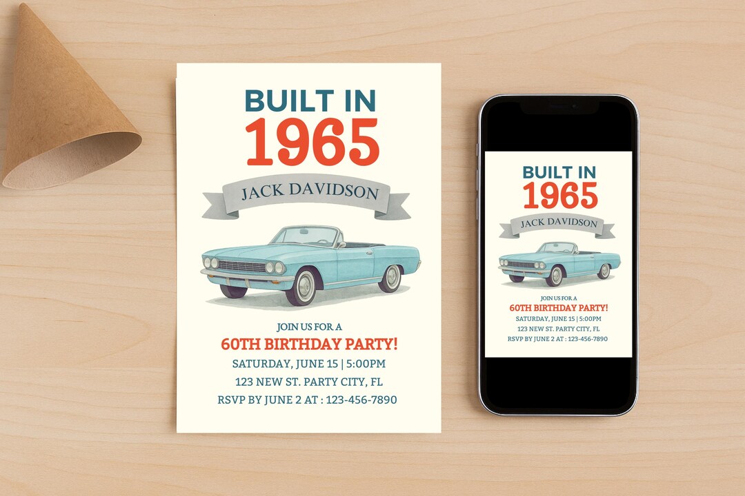 60th Birthday Invitation for Men - Built in 1965 Light Blue Convertible ...