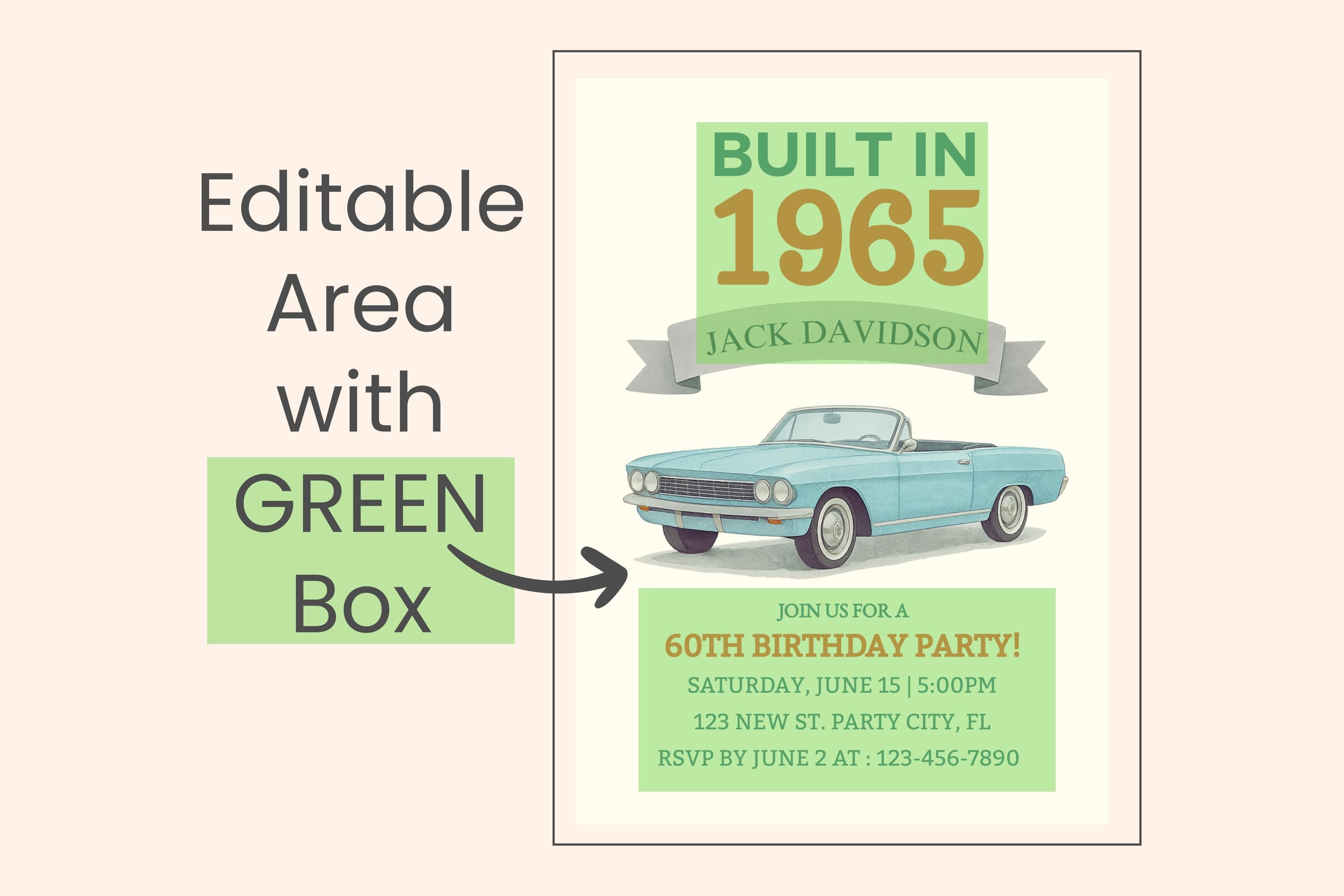 60th Birthday Invitation for Men - Built in 1965 Light Blue Convertible ...