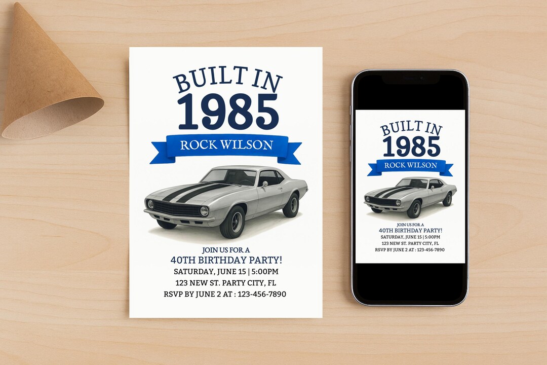 Birthday Invitation for Man–built in 1985(editable) Classic Car Party ...