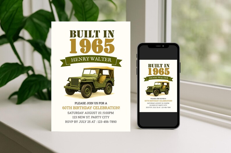 60th Birthday Invitation Template | Built in 1965 Military Jeep ...