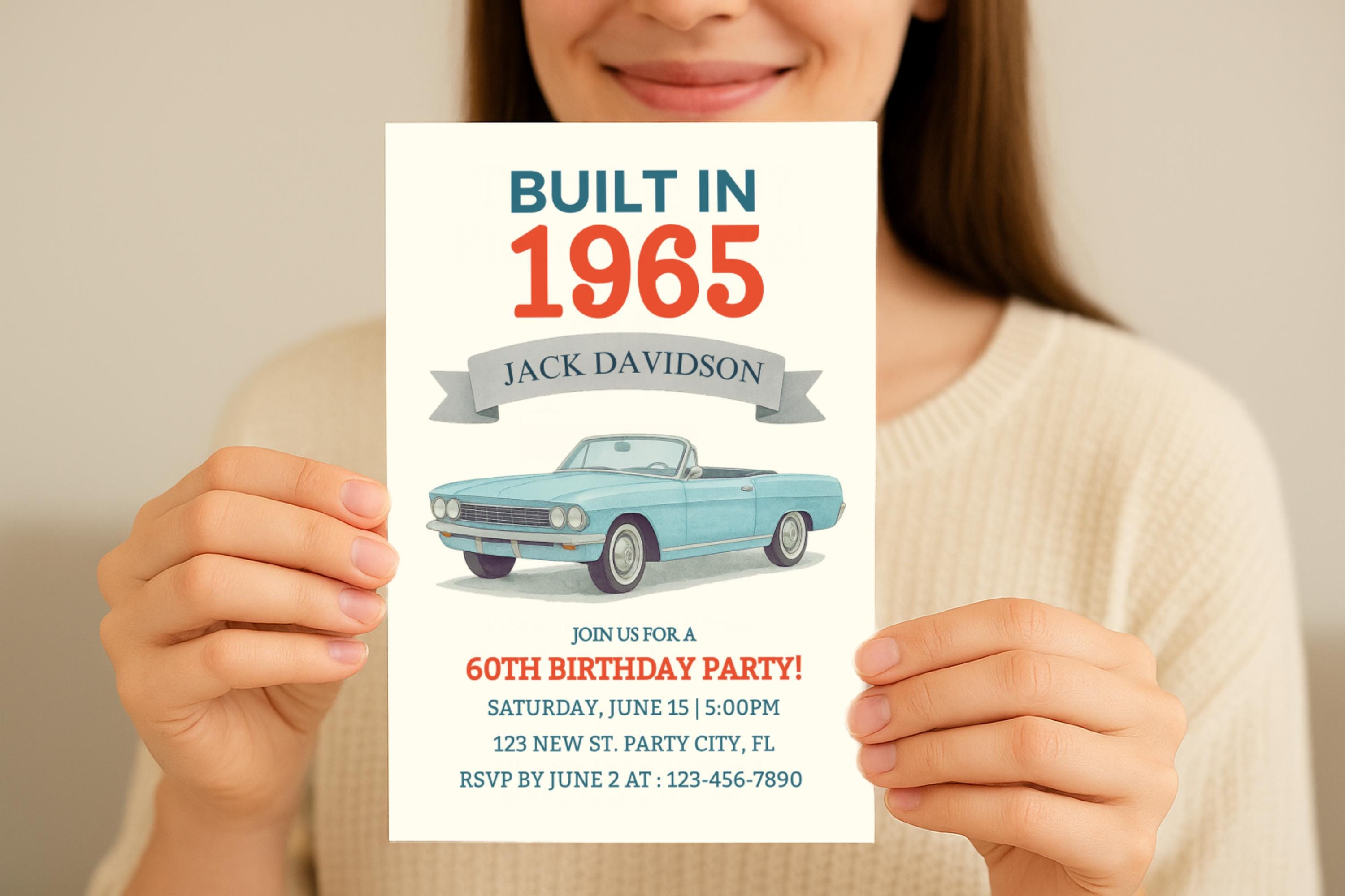 60th Birthday Invitation for Men - Built in 1965 Light Blue Convertible ...