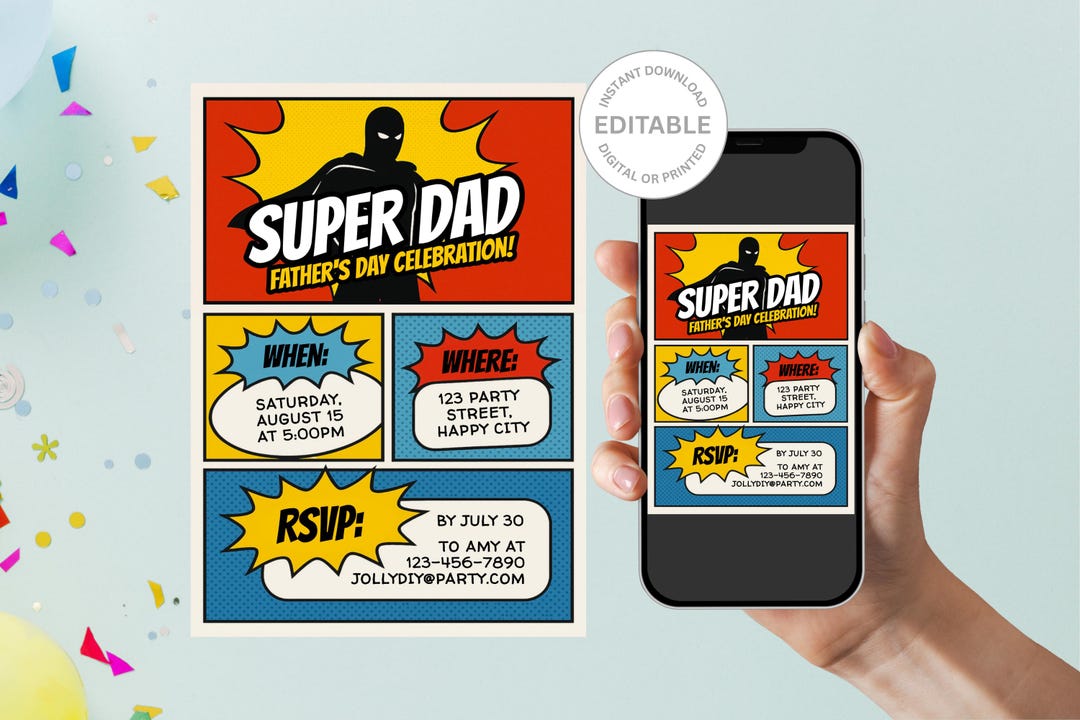 Father’s Day Super Dad Invitation | Comic Book Style Party Invite ...