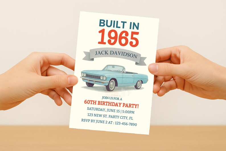 60th Birthday Invitation for Men - Built in 1965 Light Blue Convertible ...
