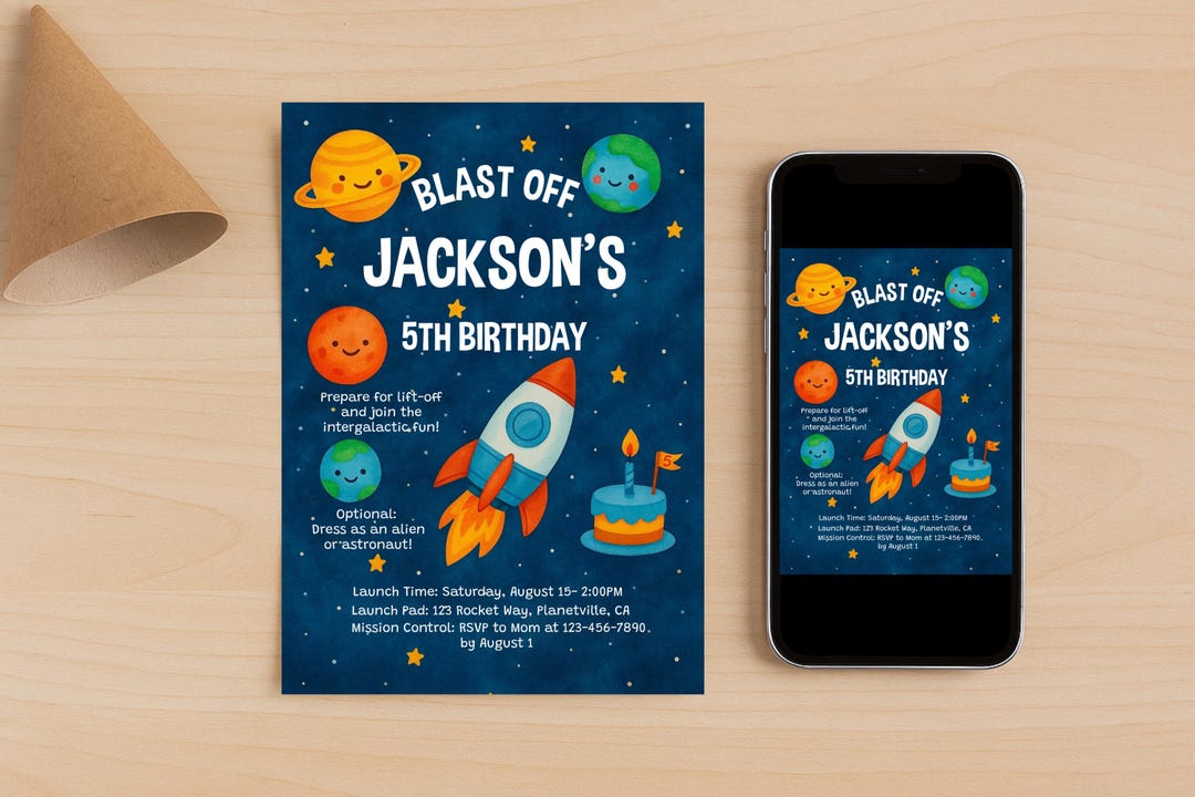 Space-theme Birthday Invitation, Space Rocket Party Invite, Editable ...