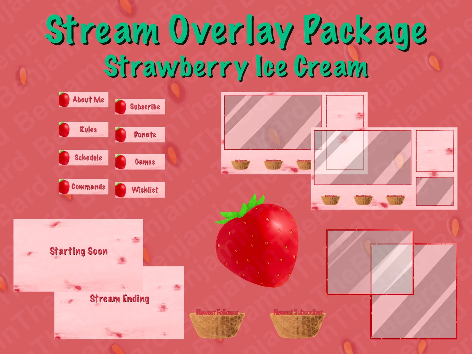 Cute Strawberry Ice Cream Twitch Stream Overlay Package, Stream Bundle ...