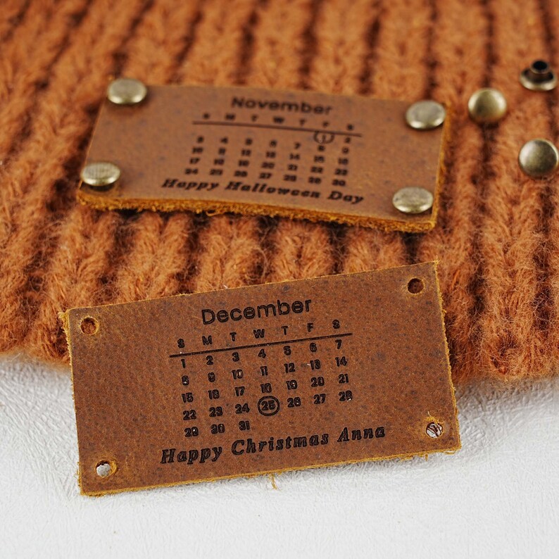 Personalized Calendar Leather Labels, Calendar Tag for Handmade Items ...