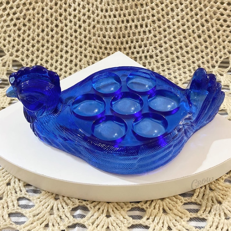 Vintage Cobalt Blue Glass Hen Egg Holder: Farmhouse Deviled Egg Dish - Etsy