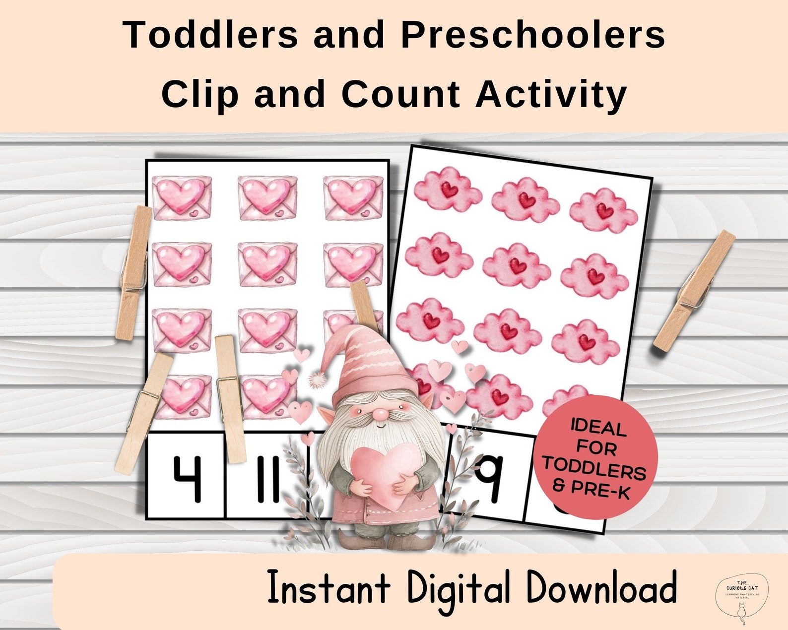 Valentine's Day Count & Clip Cards Toddler Activity Preschool Printable ...