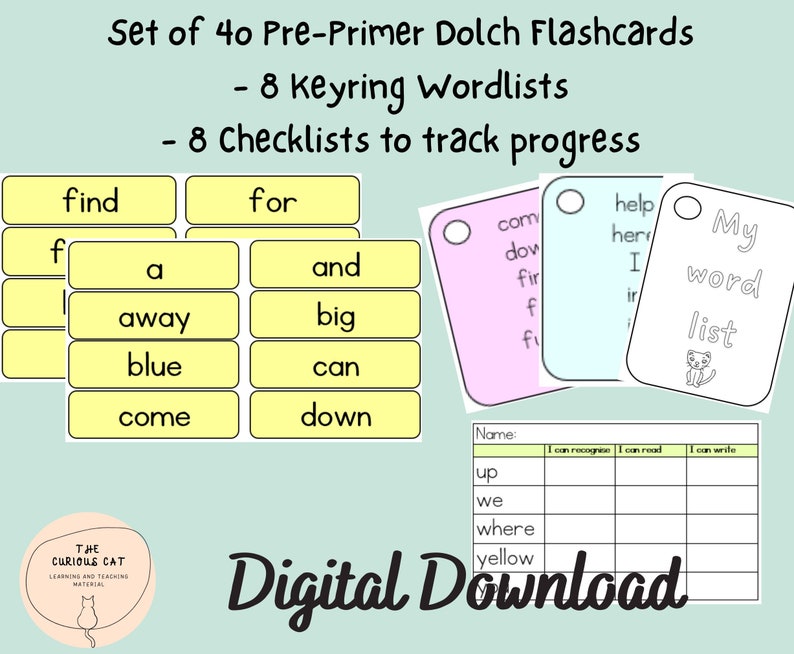 Kindergarten Sightwords, Flashcards for Kids, Set of 40 Pre-primer ...