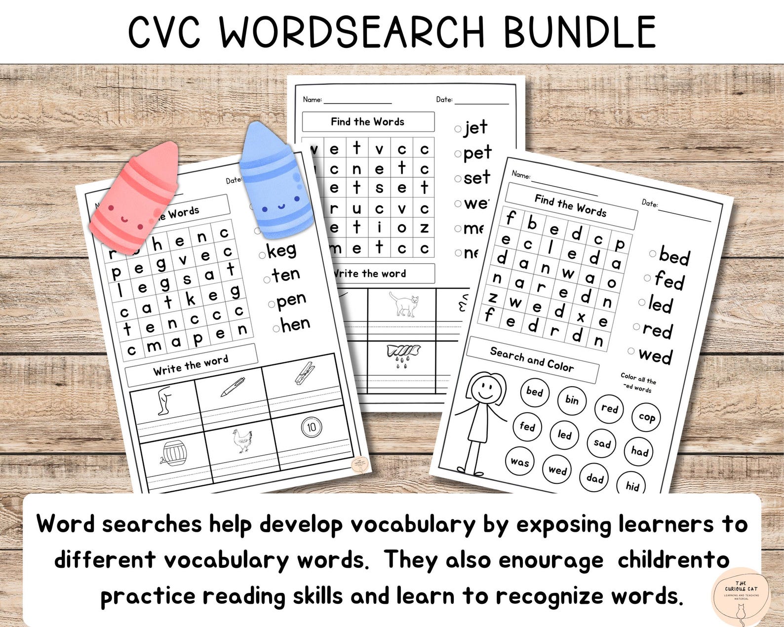 Phonics CVC Worksheets, Word Searches, Preschool Kindergarten Phonics ...