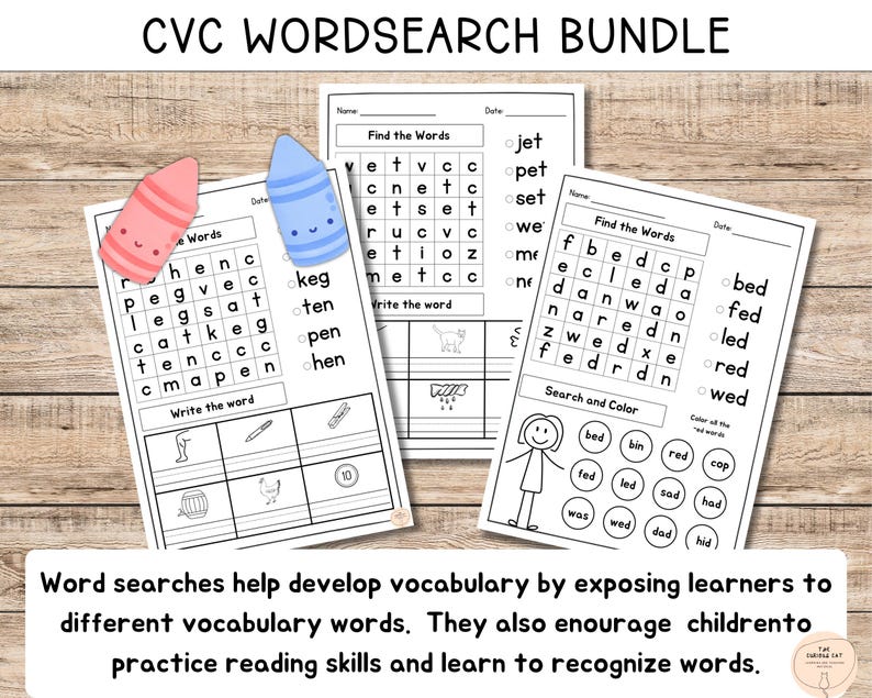 Phonics CVC Worksheets, Word Searches, Preschool Kindergarten Phonics ...