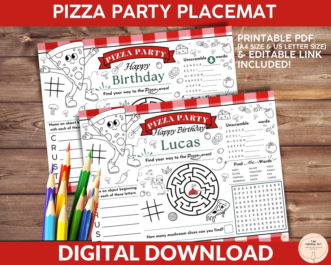 Pizza Party Placemat Activity Sheet, Instant Download, Pizza Party ...