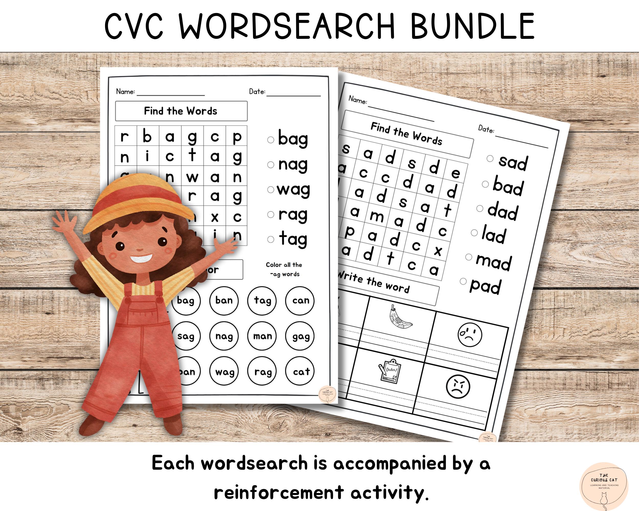 Phonics CVC Worksheets, Word Searches, Preschool Kindergarten Phonics ...