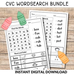 Phonics CVC Worksheets, Word Searches, Preschool Kindergarten Phonics ...