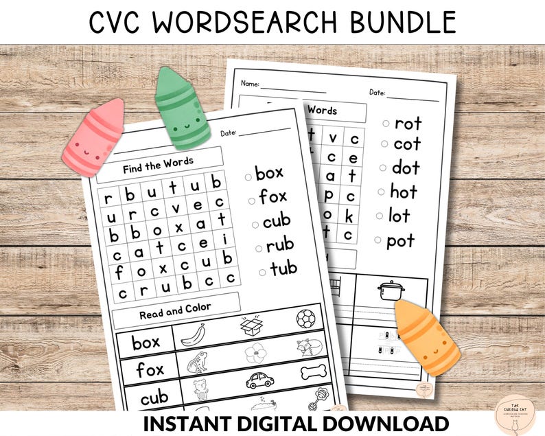 Phonics CVC Worksheets, Word Searches, Preschool Kindergarten Phonics ...