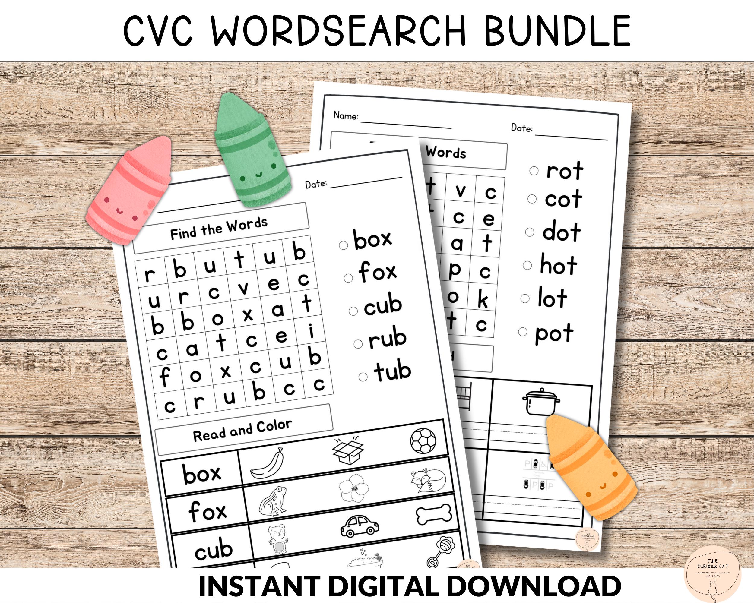 Phonics CVC Worksheets, Word Searches, Preschool Kindergarten Phonics ...