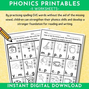 Phonics Worksheets, CVC Missing Vowel, Emergent Readers Middle Sound ...