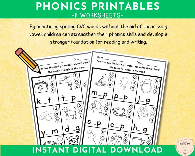 Phonics Worksheets, CVC Missing Vowel, Emergent Readers Middle Sound ...