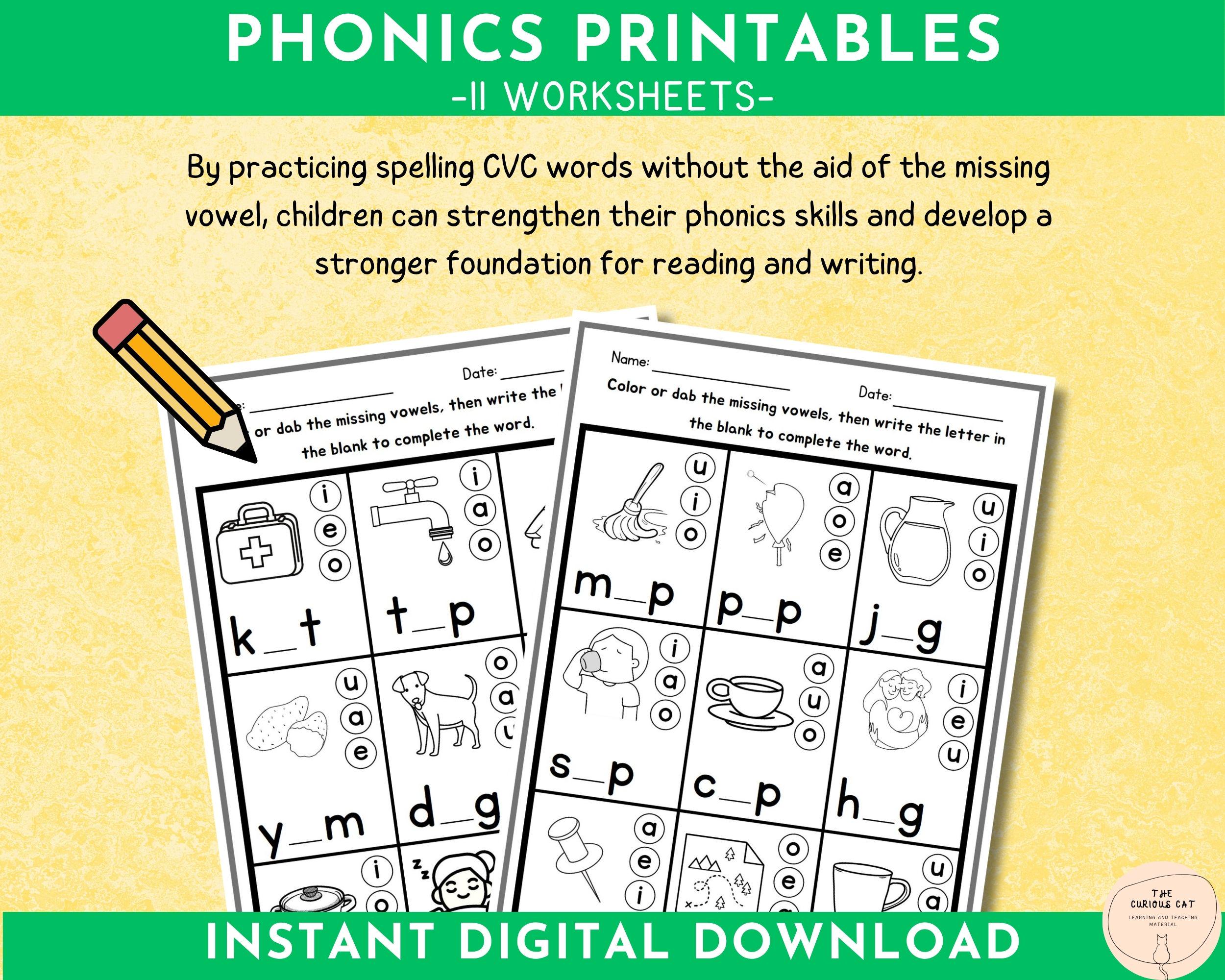 Phonics Worksheets, CVC Missing Vowel, Emergent Readers Middle Sound ...